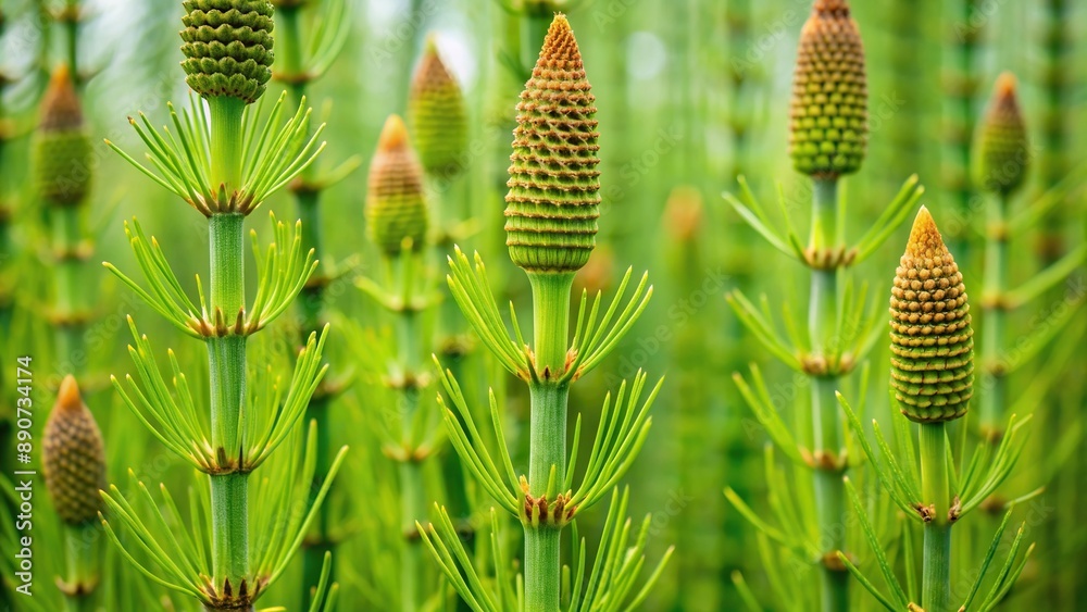 Tall field horsetail plant with segmented stems and cone-like ...