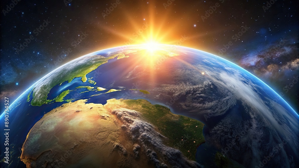 Huge 4K realistic render of the top part of Planet Earth at sunrise ...