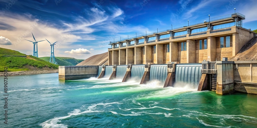 Tidal power plant and dam intake with turbines on water, power ...