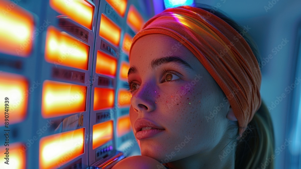 Beautiful young girl sunbathing in a vertical solarium with neon ...