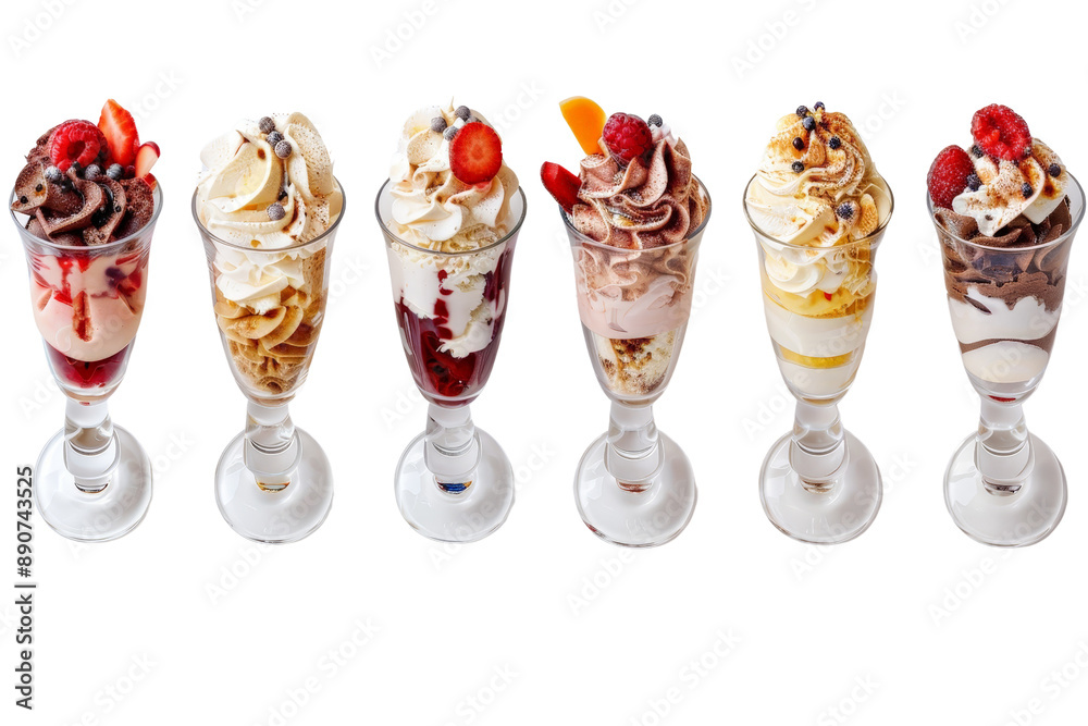 Collection of creamy sundae ice cream sundaes in tulip glass cups ...