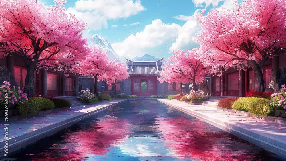 courtyard with a cherry blossom tree in bloom. The sky is blue with ...