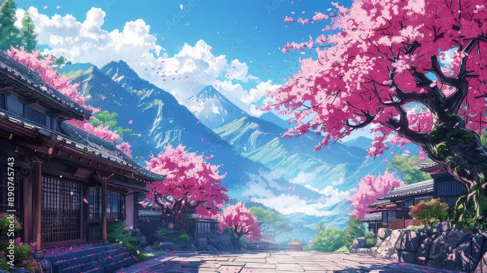 courtyard with a cherry blossom tree in bloom. The sky is blue with ...