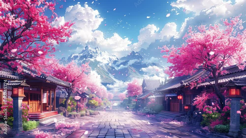 courtyard with a cherry blossom tree in bloom. The sky is blue with ...