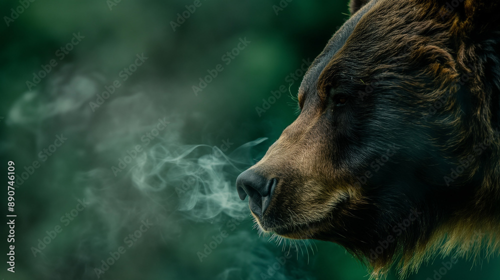 Um close do rosto de um urso em um fundo verde com fumaça saindo de sua ...
