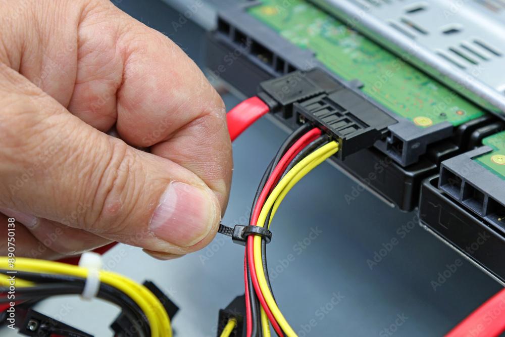 Installation of a cable tie on an insulated mounting wire in an ...