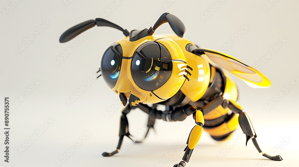 Design an image of a charming, diminutive robot bee with a shiny, cute ...