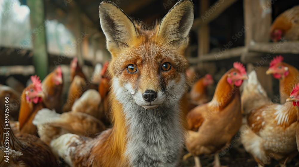 Fox surrounded by chickens inside a barn, creating a surprising scene ...