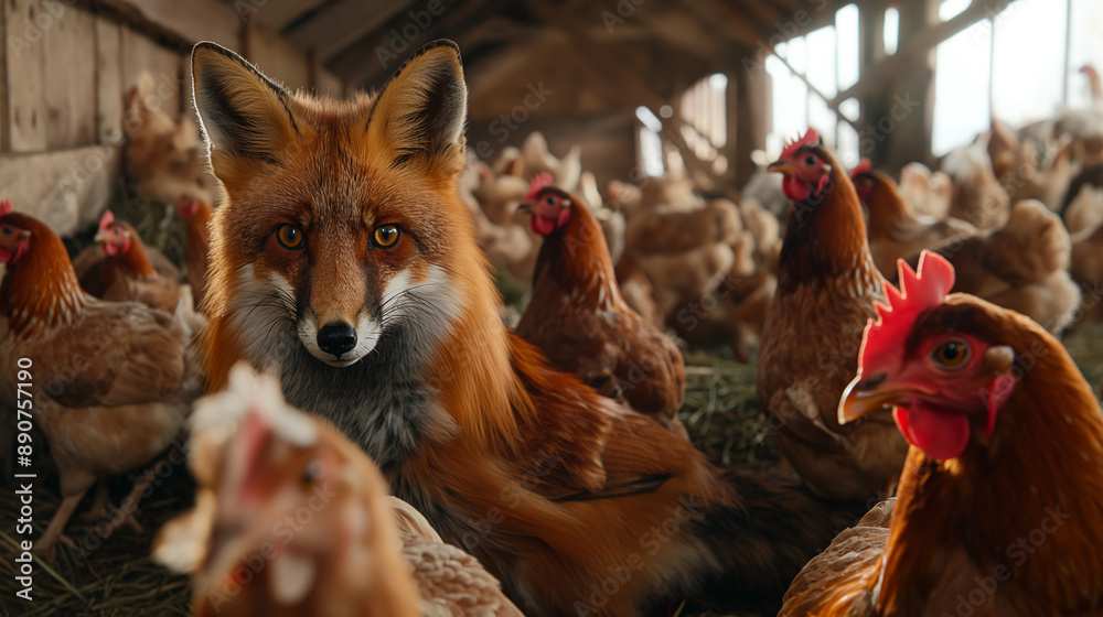 Fox surrounded by chickens inside a barn, creating a surprising scene ...