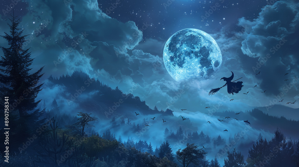 imagine a dynamic scene of a witch flying on a broomstick across a ...