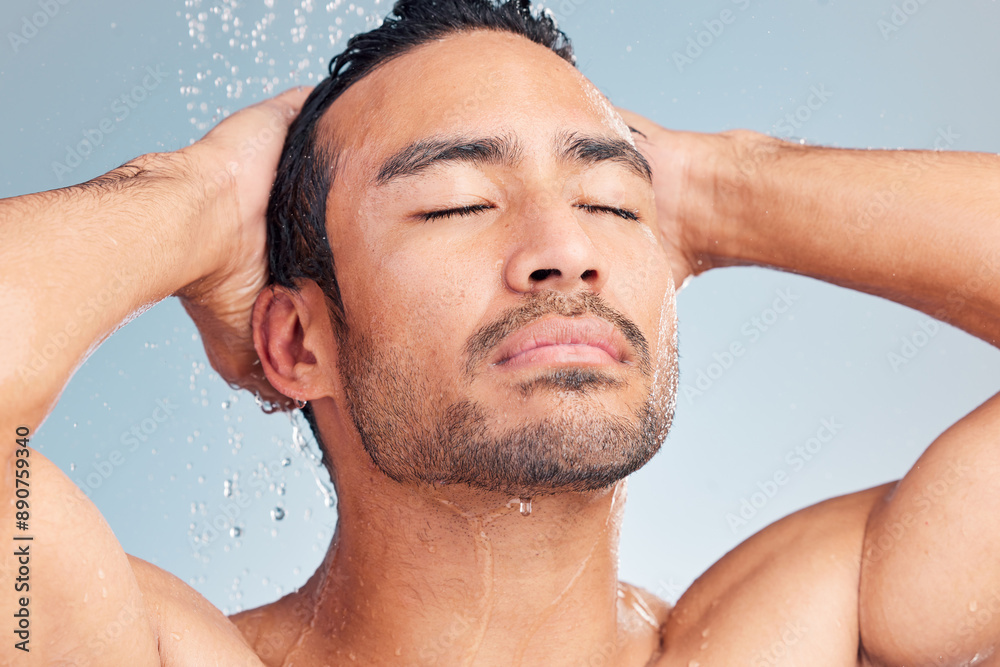 Man, haircare and shower for grooming in studio, hygiene and water on ...