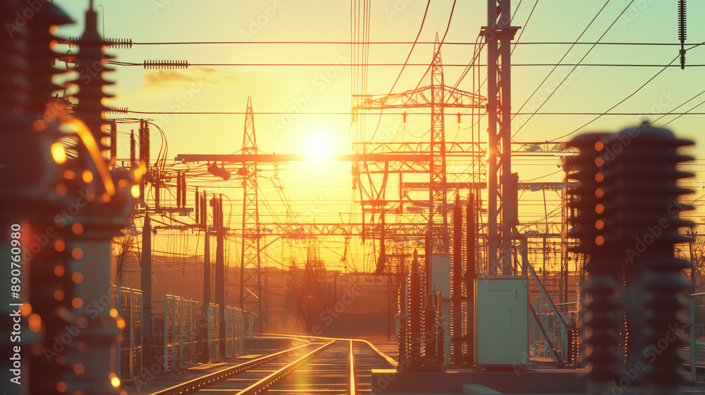 Electrical substation with transformers and power lines at sunrise ...