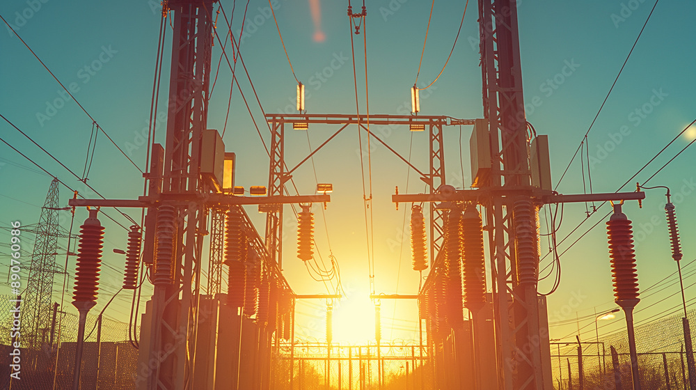 Electrical substation with transformers and power lines at sunrise ...