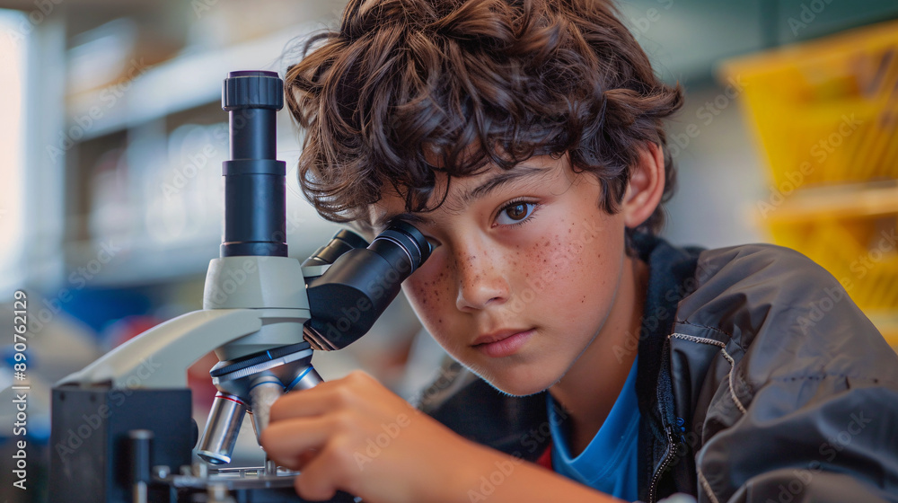 A middle school student using a microscope to study biology ...