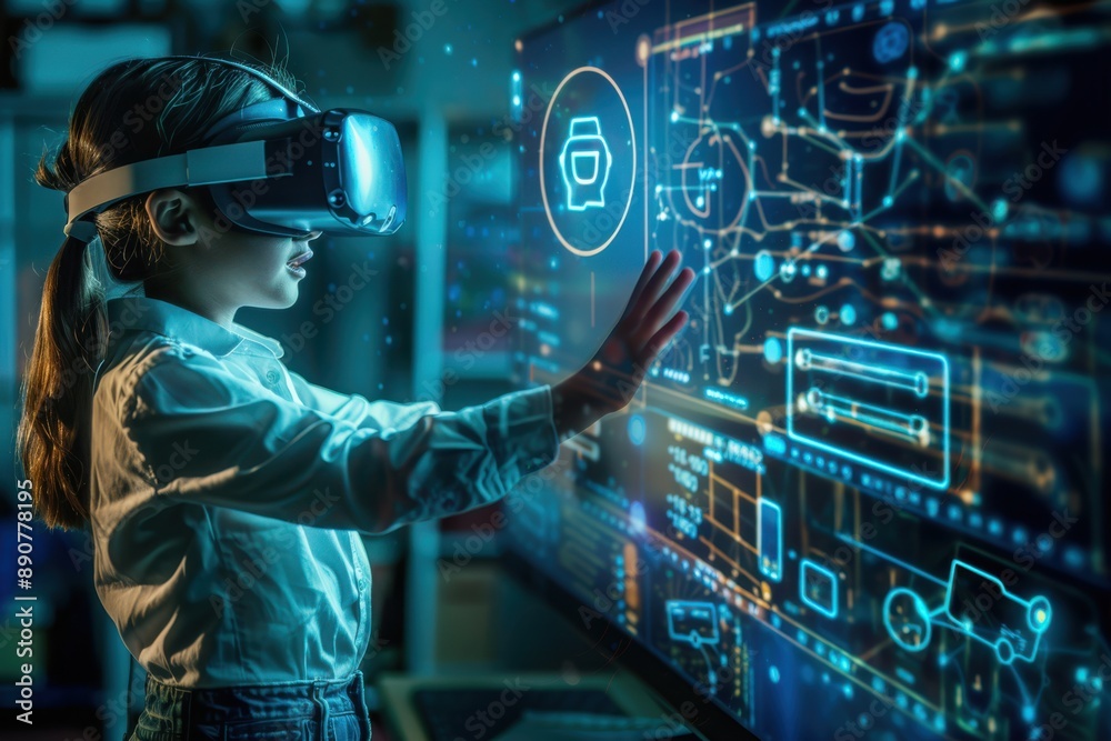 School student with VR headset using AI artificial intelligence ...