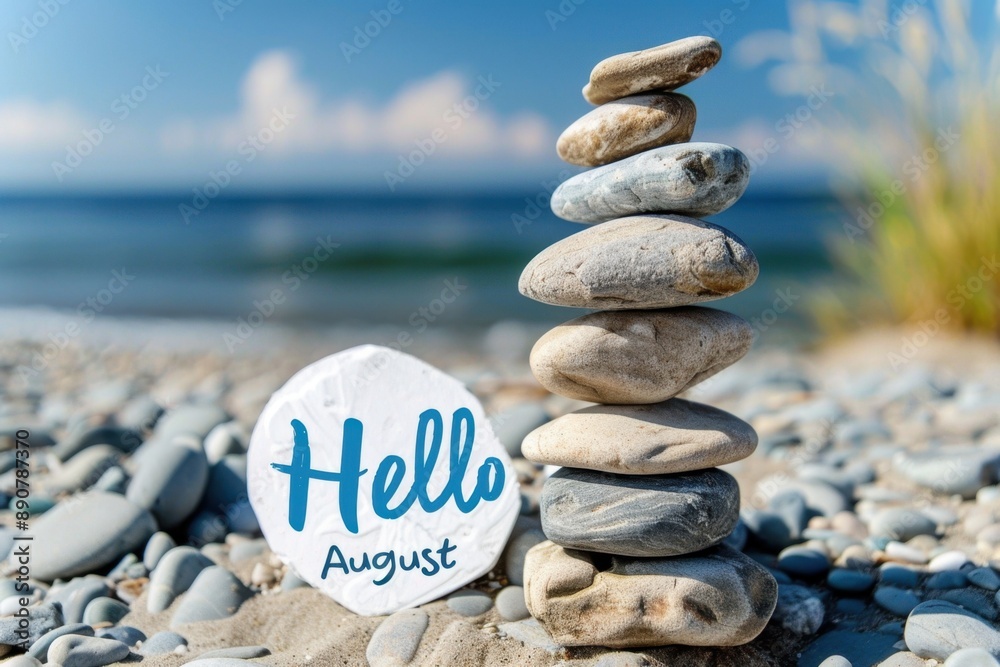 "Hello August" written in blue color on a white circle with a beach and ...