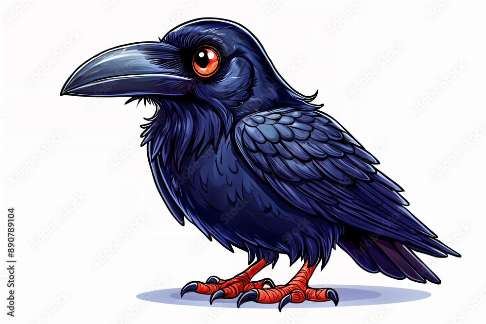 Stylized, cartoon-like depiction of a black crow with orange eyes and ...