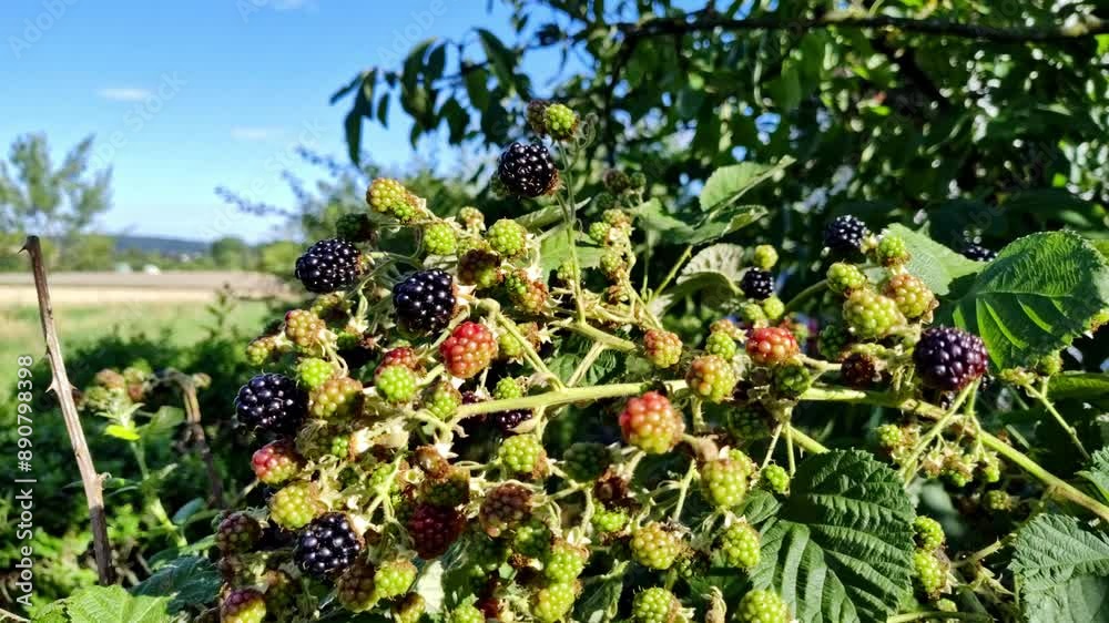 frische schwarze Brombeeren an einer Brombeerhecke, leckere Früchte ...