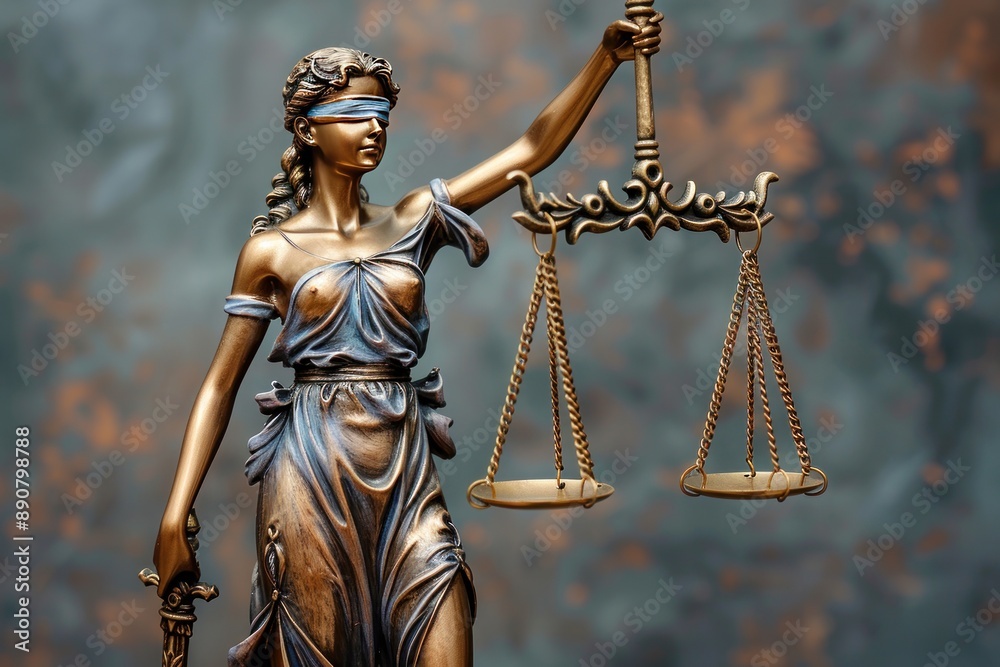 Scales of justice held by the statue of lady Justice isolated on grey ...