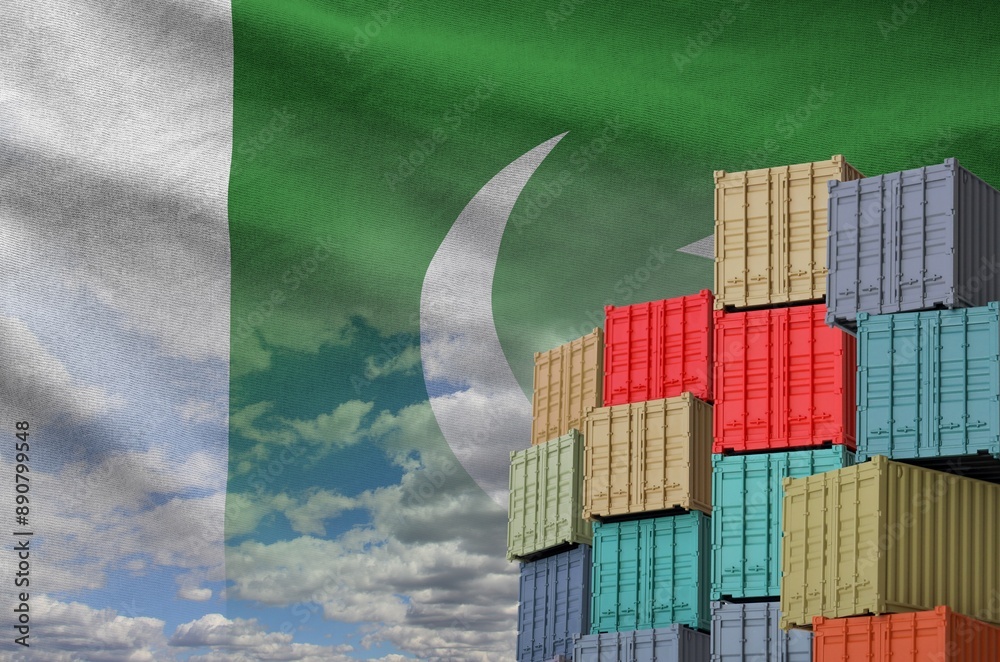 Pakistan flag and big stack of shipping cargo containers in docks with ...
