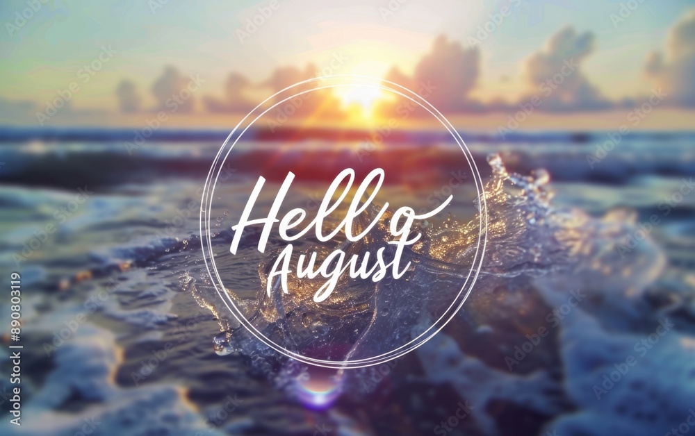 "Hello August" written in big letters on top of an ocean sunset ...