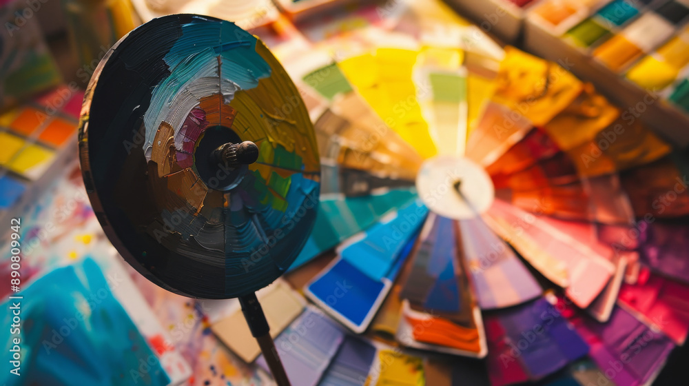 A color wheel and color swatches demonstrating different color schemes ...