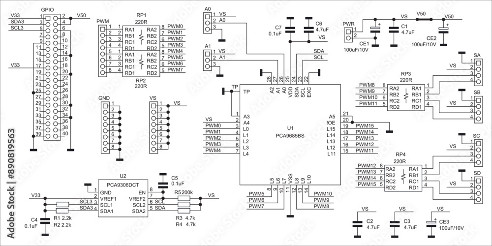 Schematic diagram of electronic device on sheet of paper. Vector ...