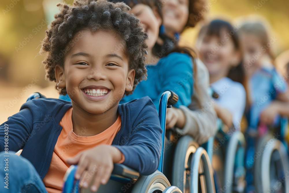 Inclusive image of a happy multiethnic disabled children in wheelchairs ...