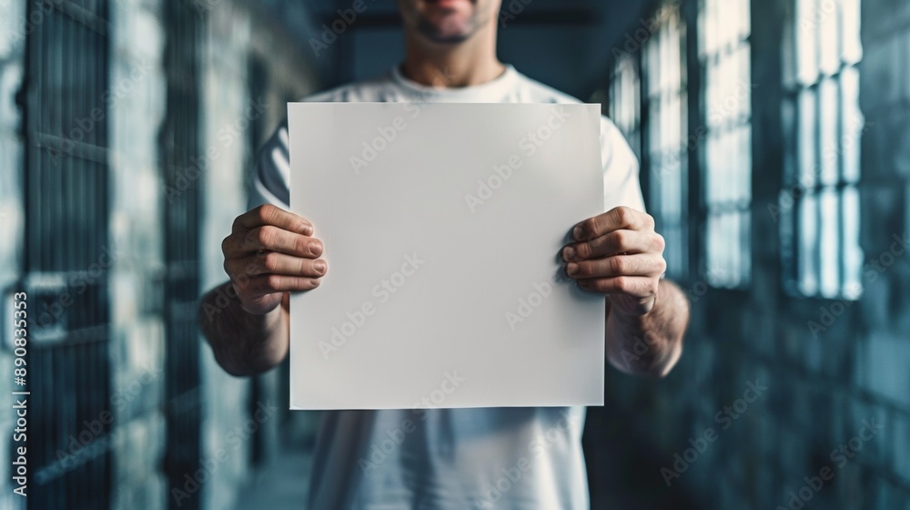 man inside a prison holding a blank sign Stock Photo | Adobe Stock