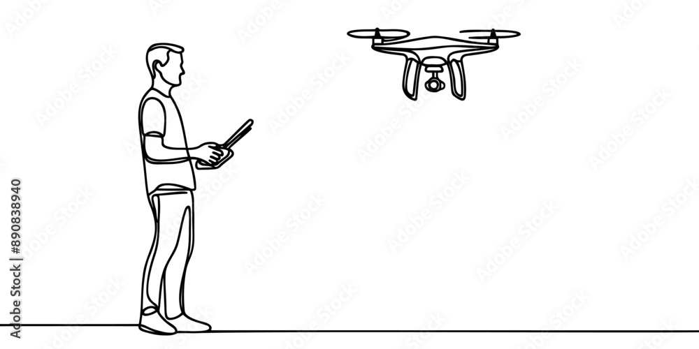 Continuous one line drawing of man operating drone remote control. Man ...