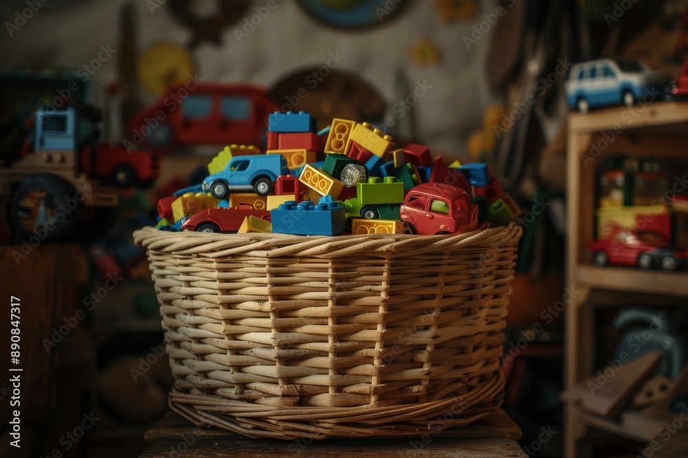 A wicker basket overflowing with building blocks and toy cars, perfect ...