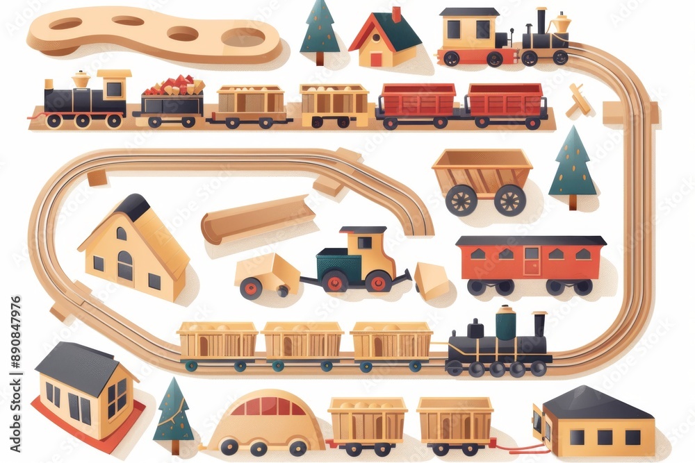 A nostalgic wooden train set featuring various tracks and train cars ...