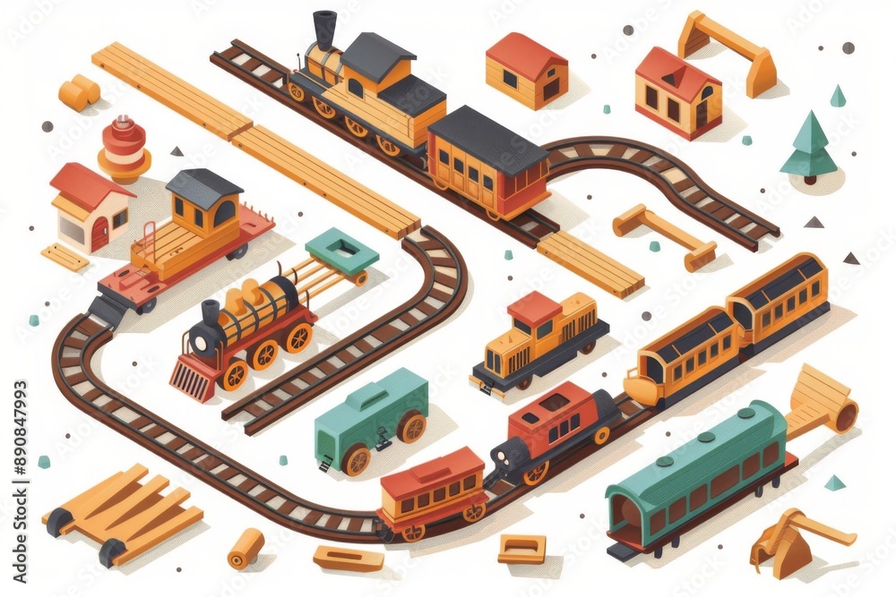 A nostalgic wooden train set featuring various tracks and train cars ...