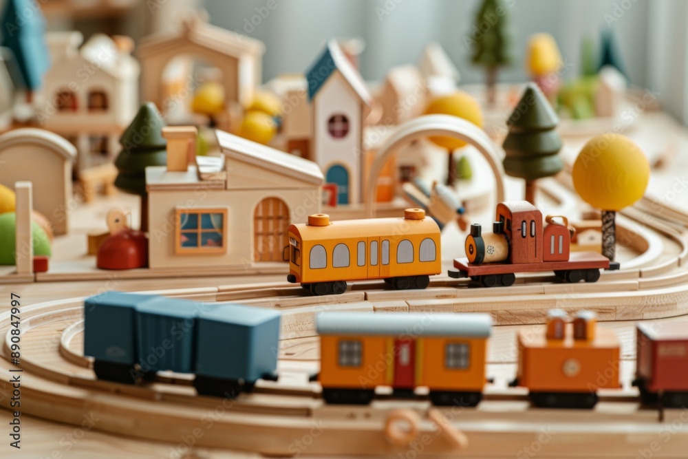 A classic wooden train set with various tracks and train cars, perfect ...