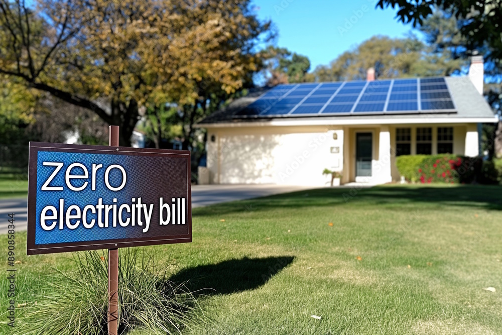 Solar panels on a suburban house with a sign reading "zero electricity ...