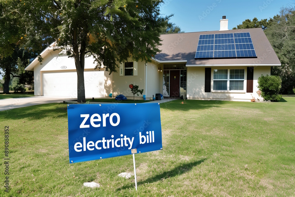Solar panels on a suburban house with a sign reading "zero electricity ...