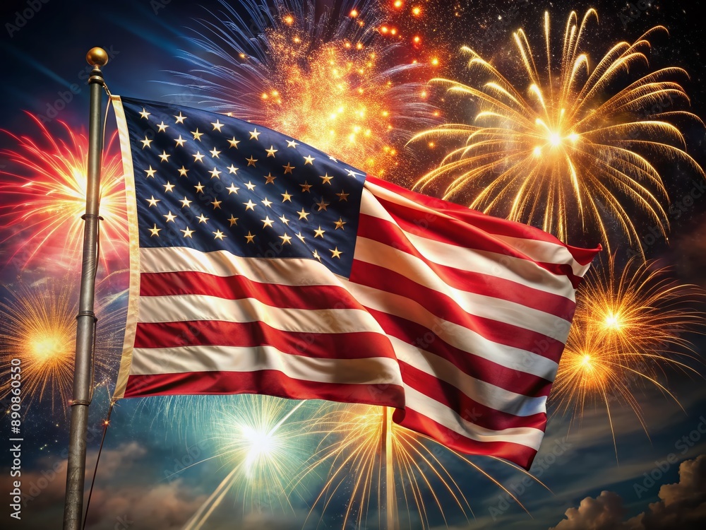 Vibrant starburst lights exploding behind a majestic American flag ...
