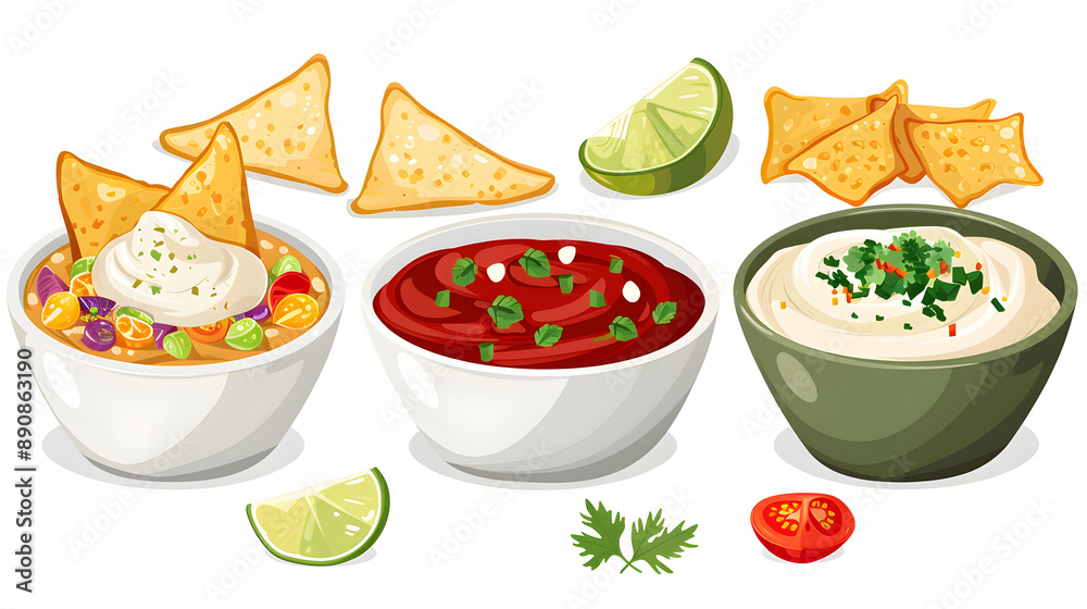 vector illustrations of different dips with chips, perfect for party ...