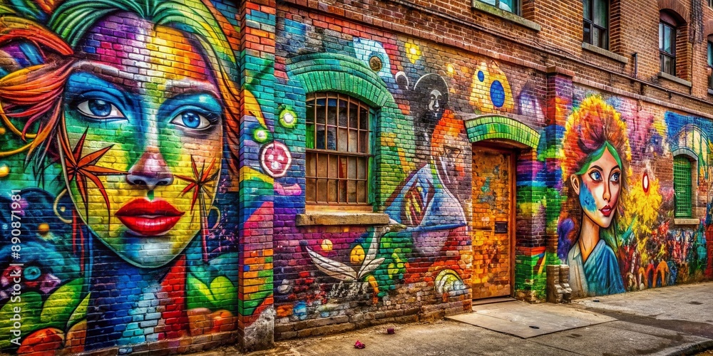 Vibrant graffiti and expressive drawings cover a weathered brick wall ...