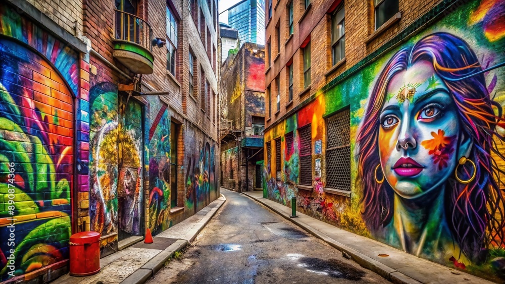 Vibrant street art and graffiti adorn a gritty, urban alleyway ...