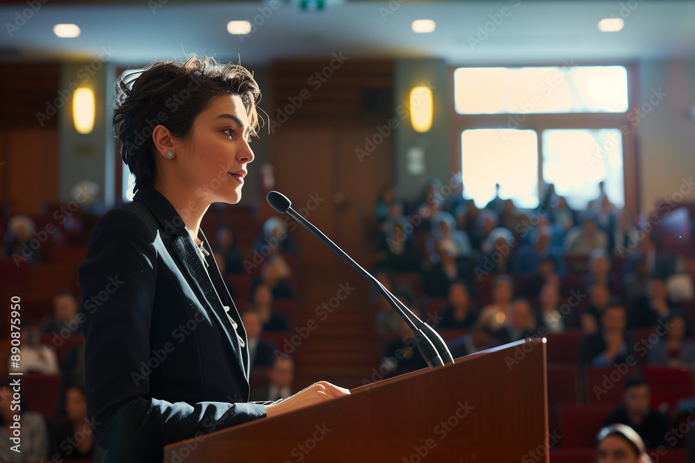Androgynous professional speaking at podium in front of audience with ...