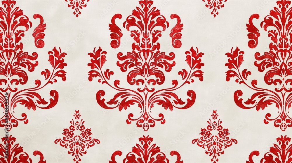 red flock wallpaper featuring damask design on white background ...