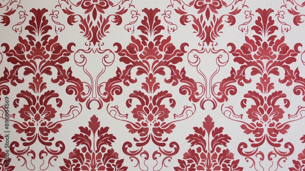 red flock wallpaper featuring damask design on white background ...