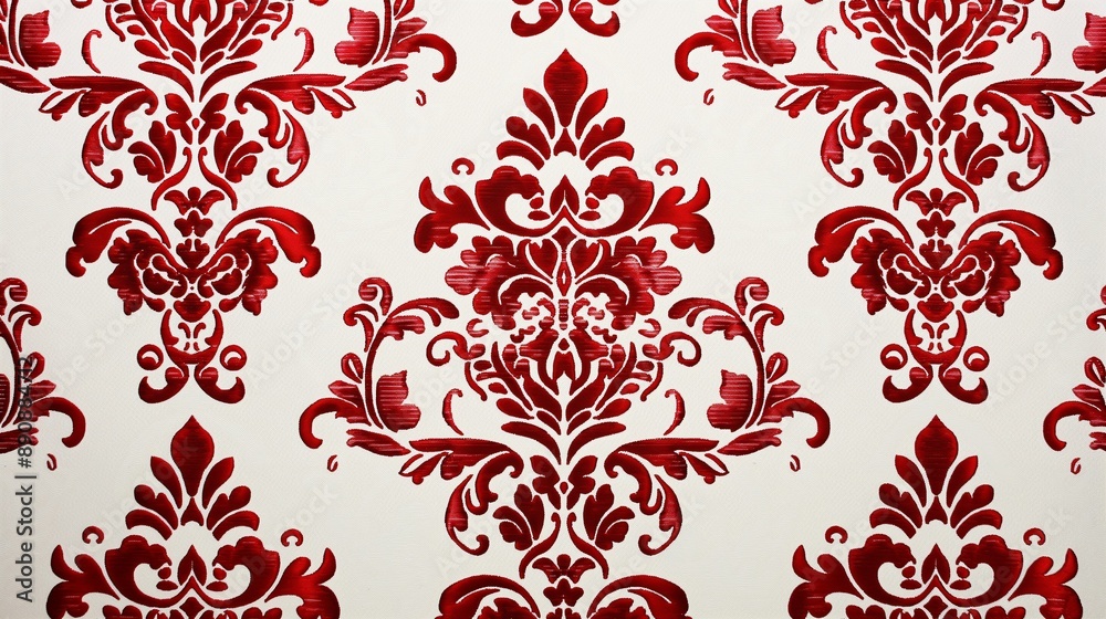 red flock wallpaper featuring damask design on white background ...