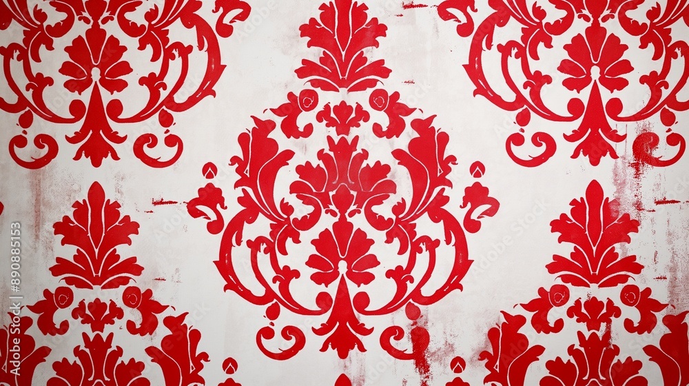 red flock wallpaper featuring damask design on white background ...
