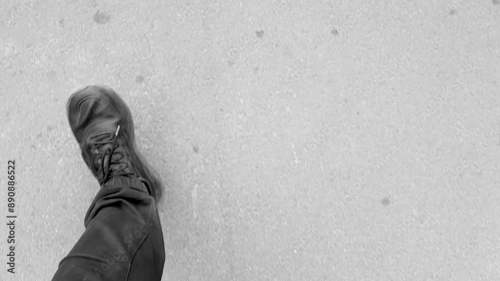 Man walks at a brisk pace POV. POV of a man in athletic pants and shoes ...