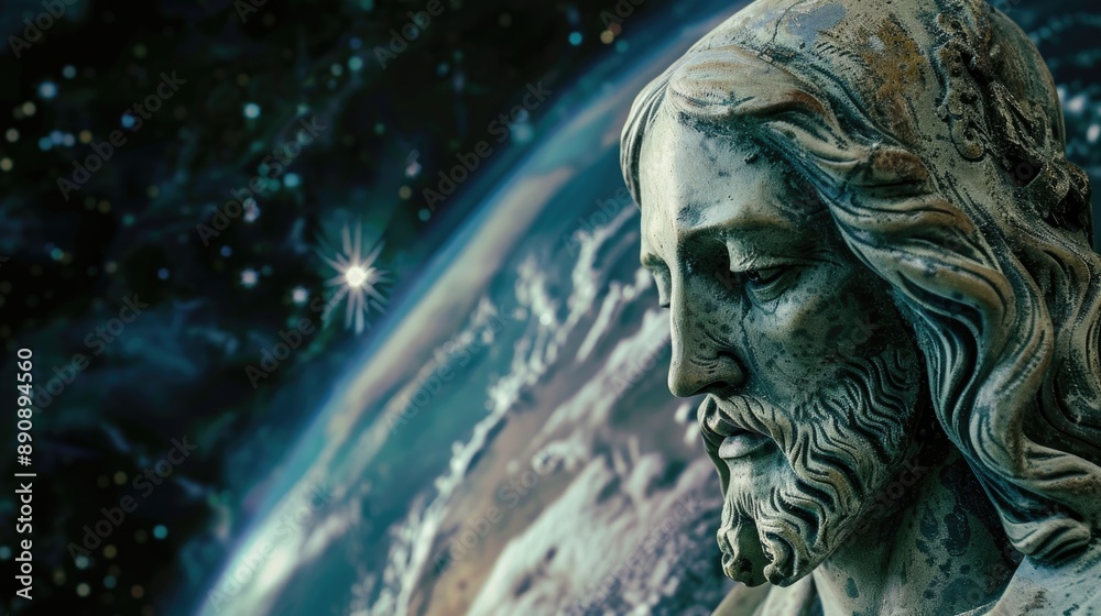 A bronze statue of Jesus Christ standing in front of a spherical ...