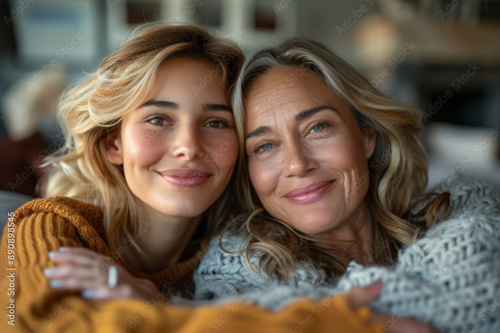 view happy faces of multigenerational women, grown up daughter and ...