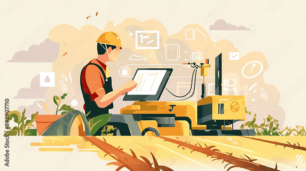 Smart farming concepts of arable land, tractors, laptops and ...