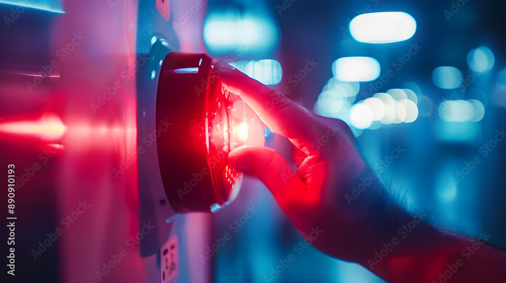 A Red Emergency Light, blurred low key Illuminated factory industry red ...